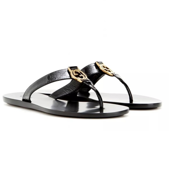Gucci | Shoes | Gucci Patent Black Thong Leather Monogram Gg ...